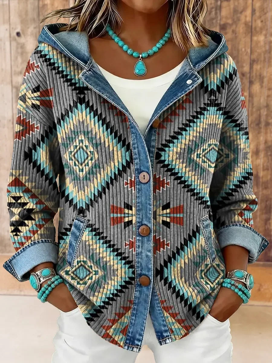 Women's Vintage Western Aztec Print Hooded Patchwork Jacket ...